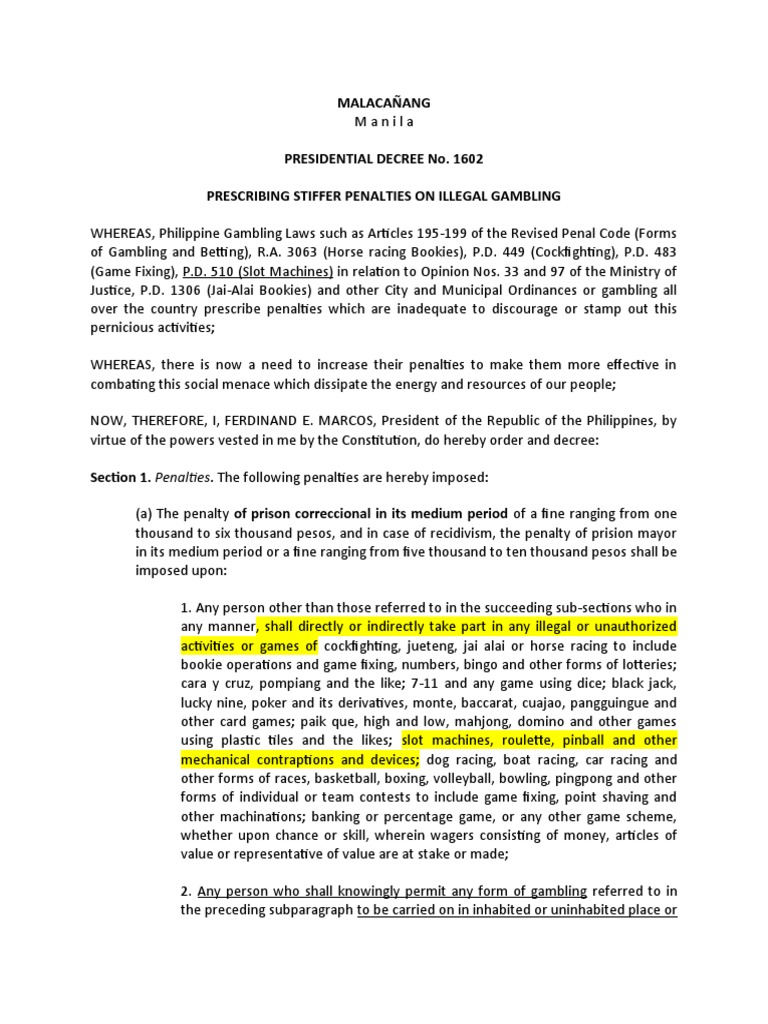 PD 1602 Illegal Gambling | PDF | Gambling | Crimes