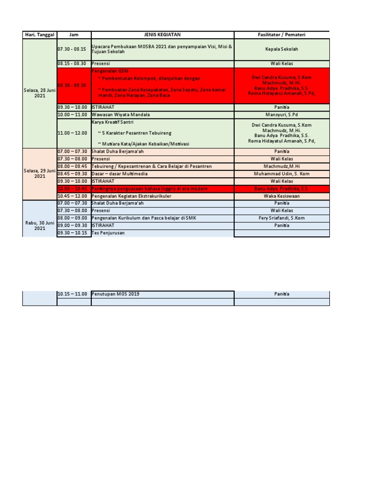 Jadwal Kegiatan MOS 2021-2022 (Rev) | PDF