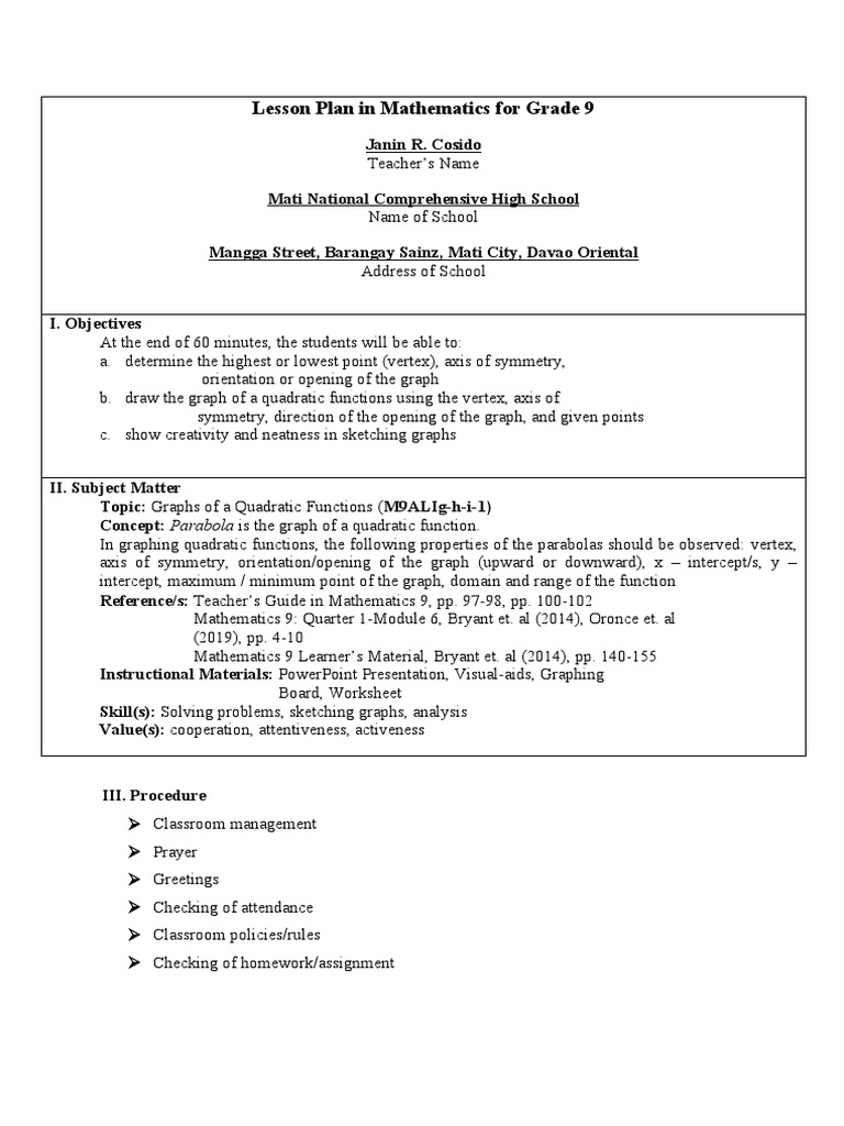 Graphing Quadratic Functions: A Lesson Plan on Determining the Vertex ...