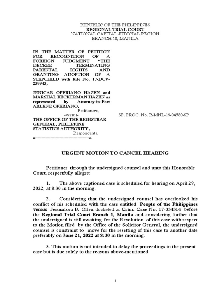 Urgent Motion To Cancel Hearing Jenicar | PDF | Constitutional Law ...