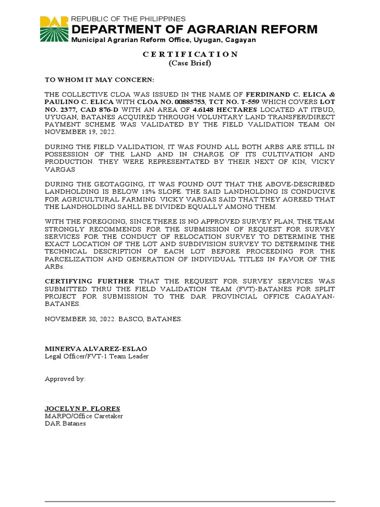 Department of Agrarian Reform: Certification | PDF