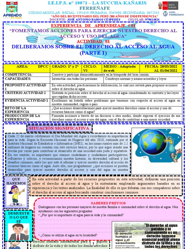 DPCC 1° y 2° Exp. 1 Sesion 1 | PDF | Agua | Saneamiento