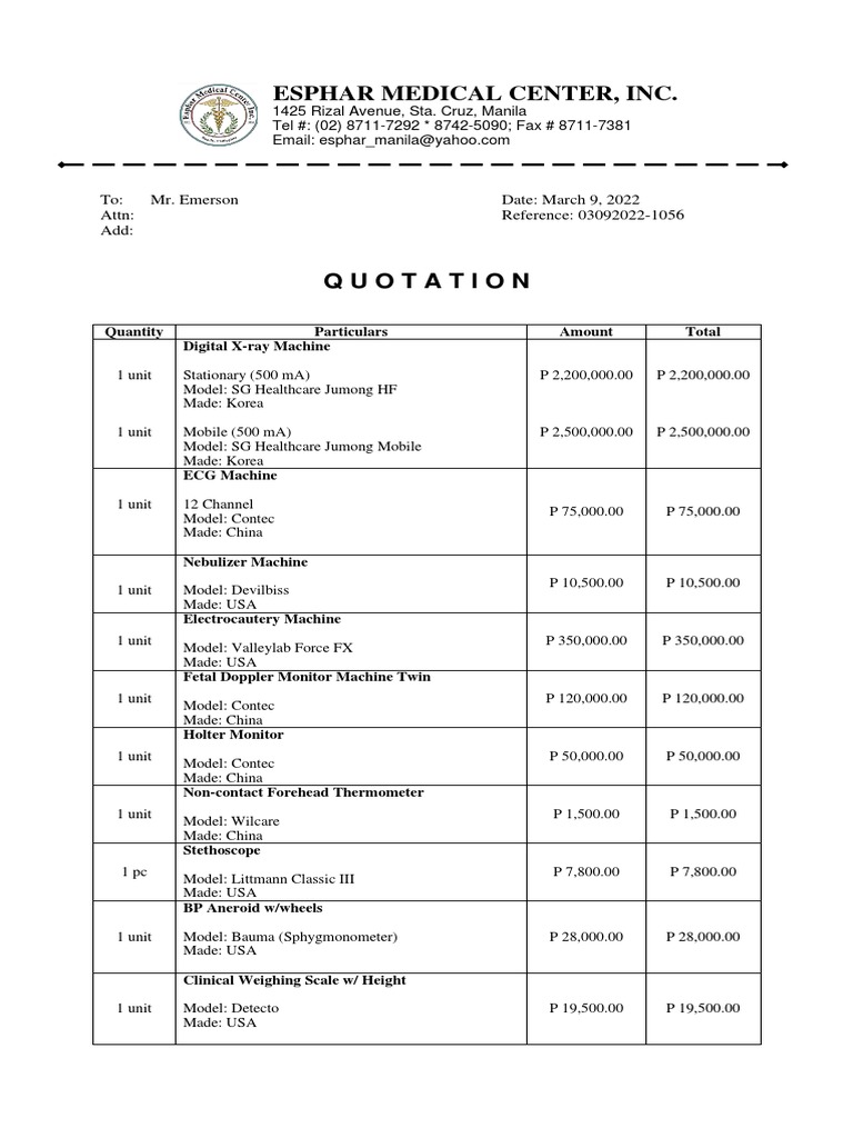 EMC Quotation Mr. Emerson 3-9-2022 | PDF | Medical Tests | Medical ...