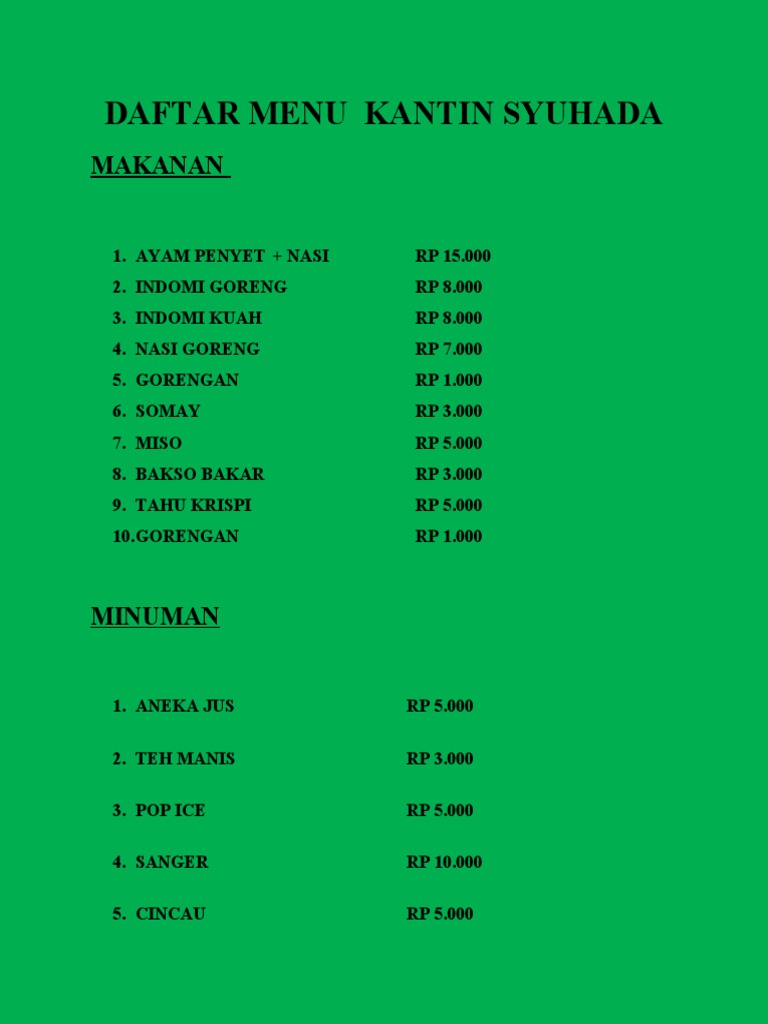 Daftar Menu Kantin Syuhada | PDF