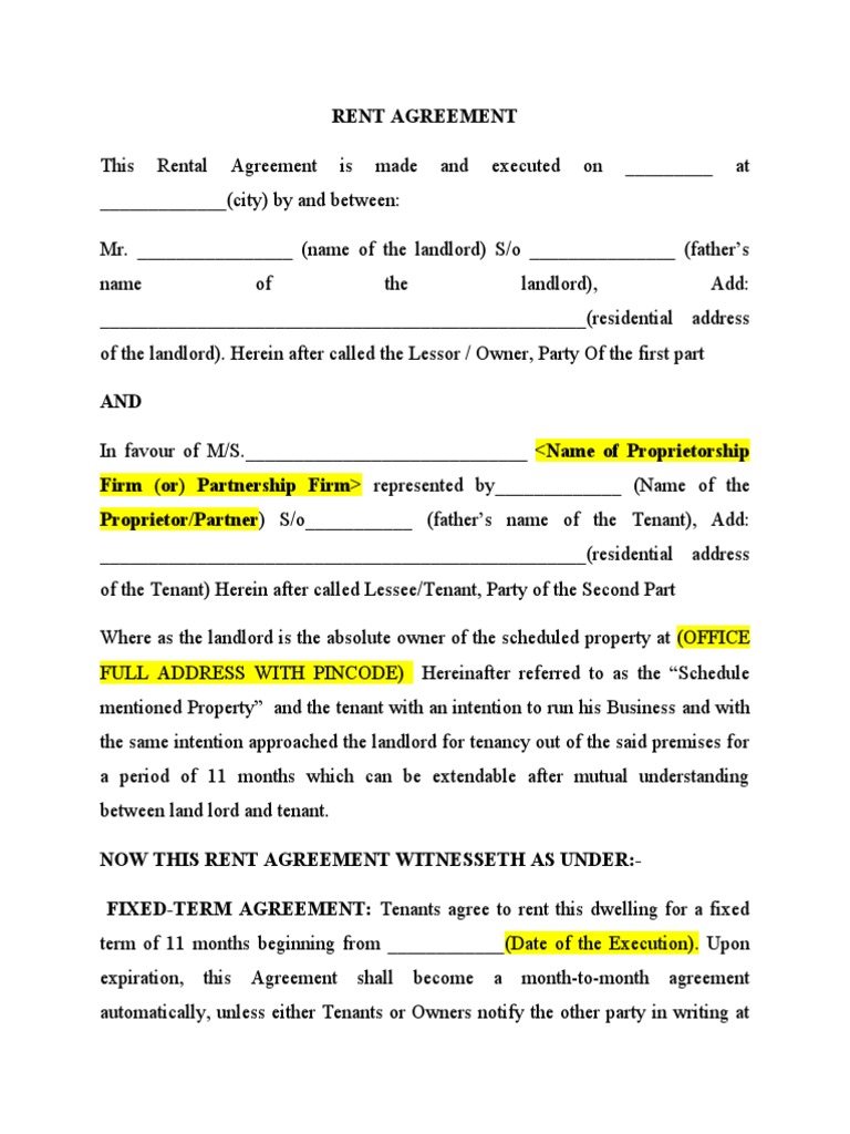 RENTAL - AGREEMENT - Proprietor & Partnership Firm | PDF | Leasehold ...