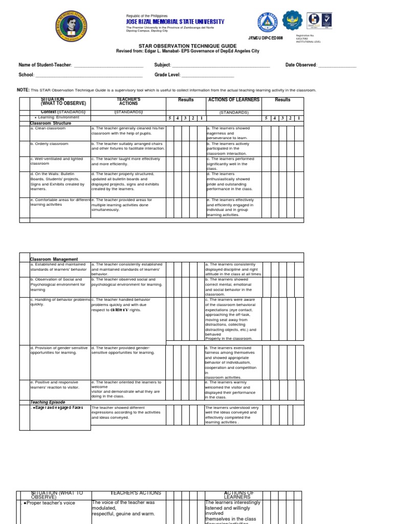 STAR Observation Tool For FS Students | PDF | Learning | Teachers
