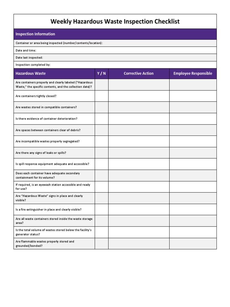 Weekly Hazardous Waste Inspection Checklist | PDF