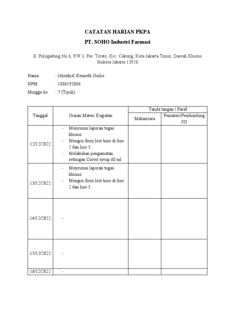 Catatan Harian Pkpa Industri - Soho Industri Farmasi Minggu 7-8 | PDF