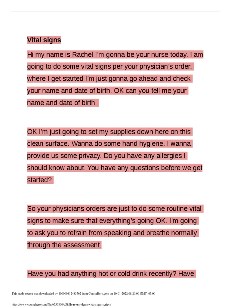 Skills Return Demo Vital Signs Script | PDF | Blood Pressure | Pulse