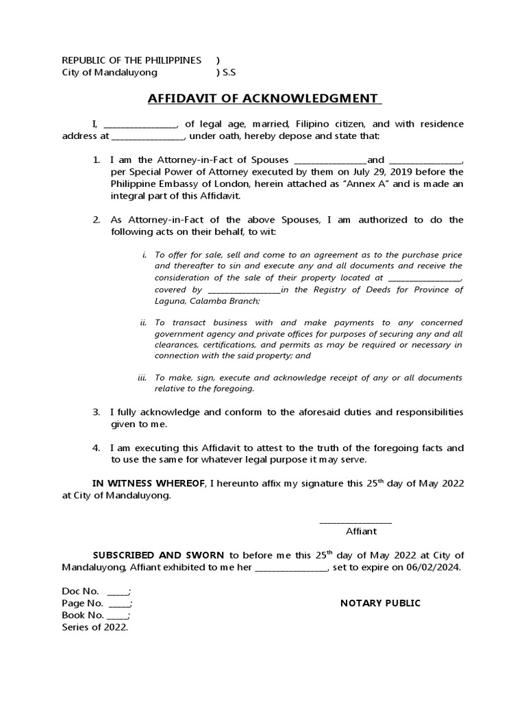 Affidavit of Acknowledgment | PDF | Affidavit | Legal Procedure