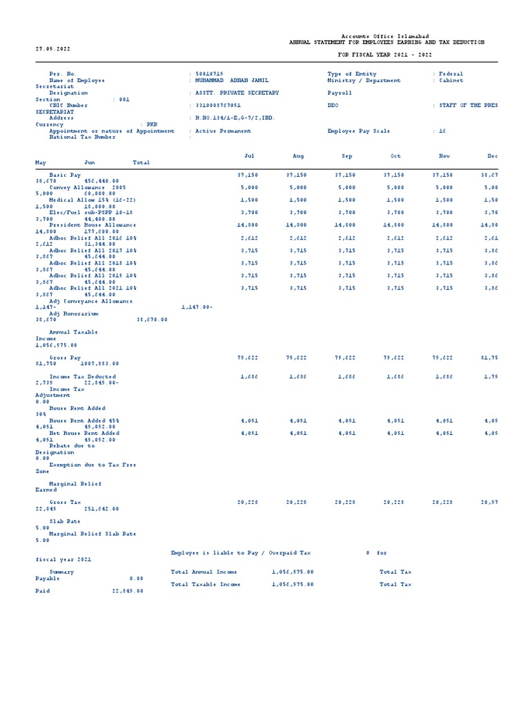 Annual Statement for Employees Earning and Tax Deduction for Fiscal ...