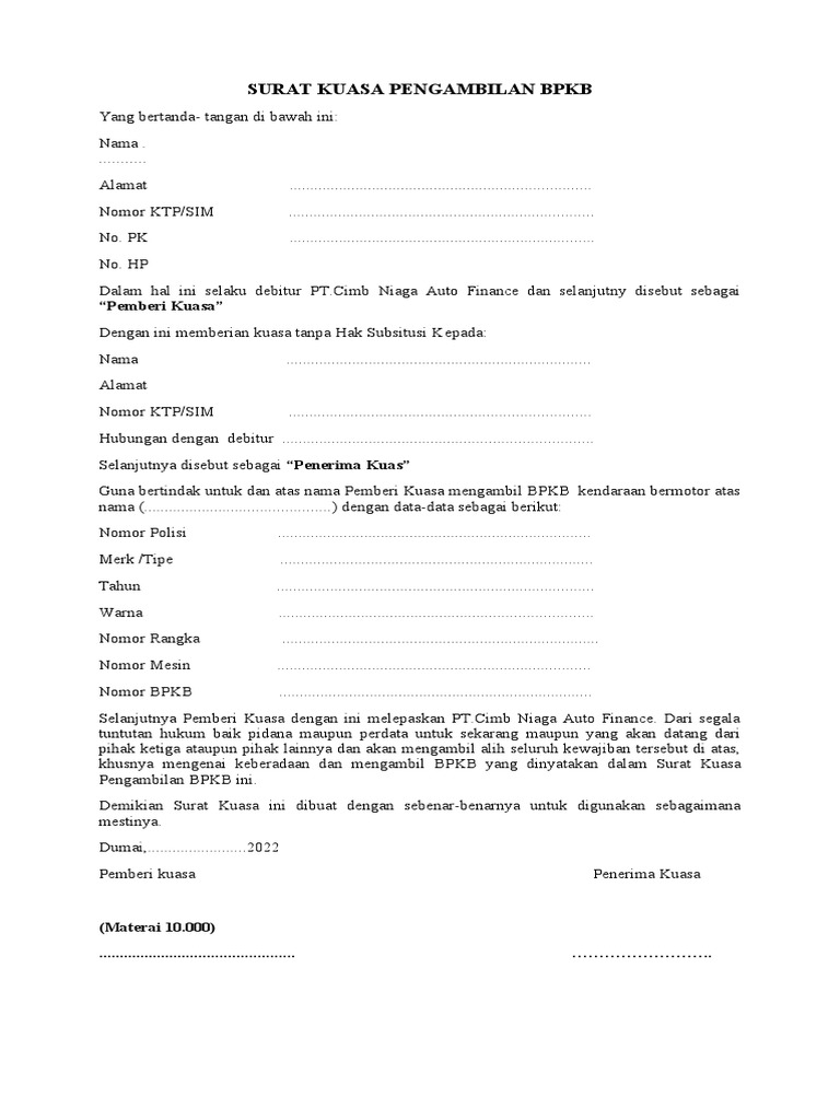 Surat Kuasa Pengambilan BPKB | PDF