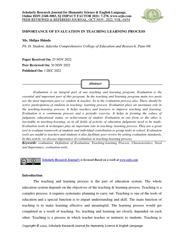 Importance of Evaluation in Teaching Learning Process | PDF | Teaching Method | Learning