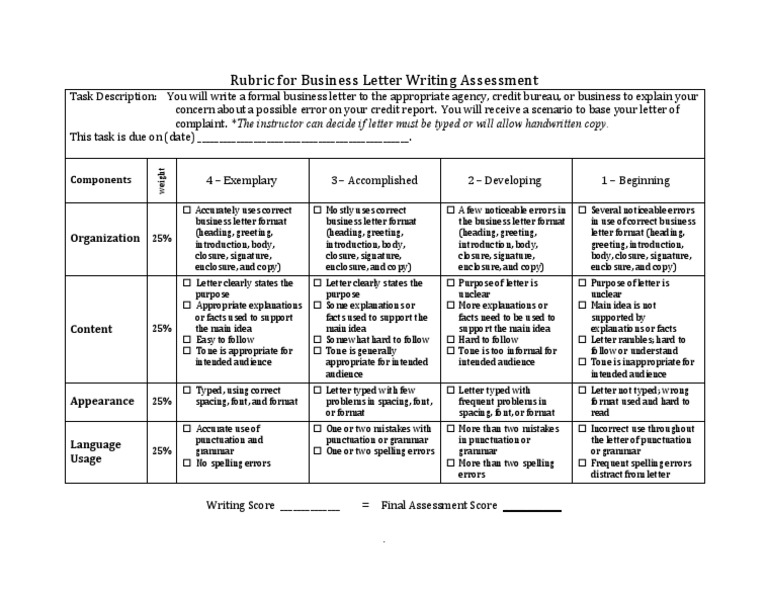 Business Letter Writing Rubric | PDF | Human Communication | Linguistics