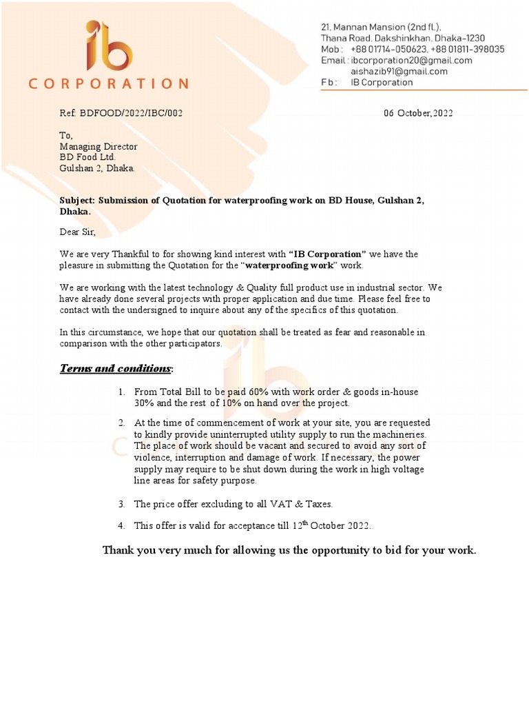 Quotation For Roof Water Proofing For BD HOUSE. | PDF | Economies