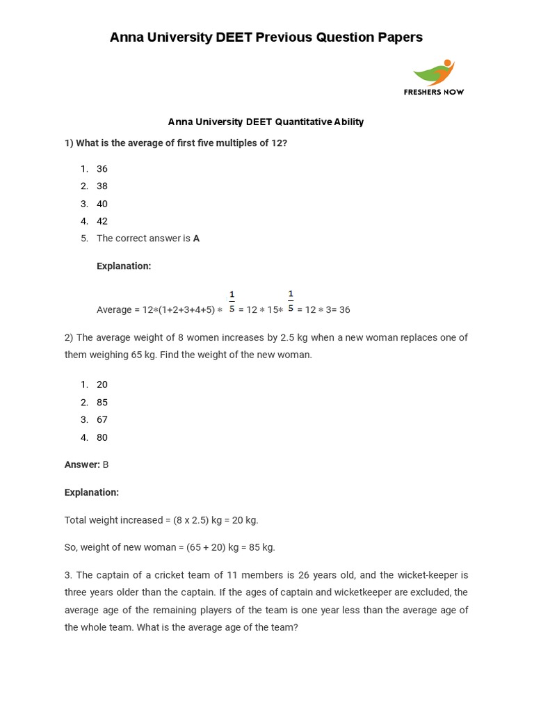 Anna University DEET Quantitative Ability Model Question Papers | PDF