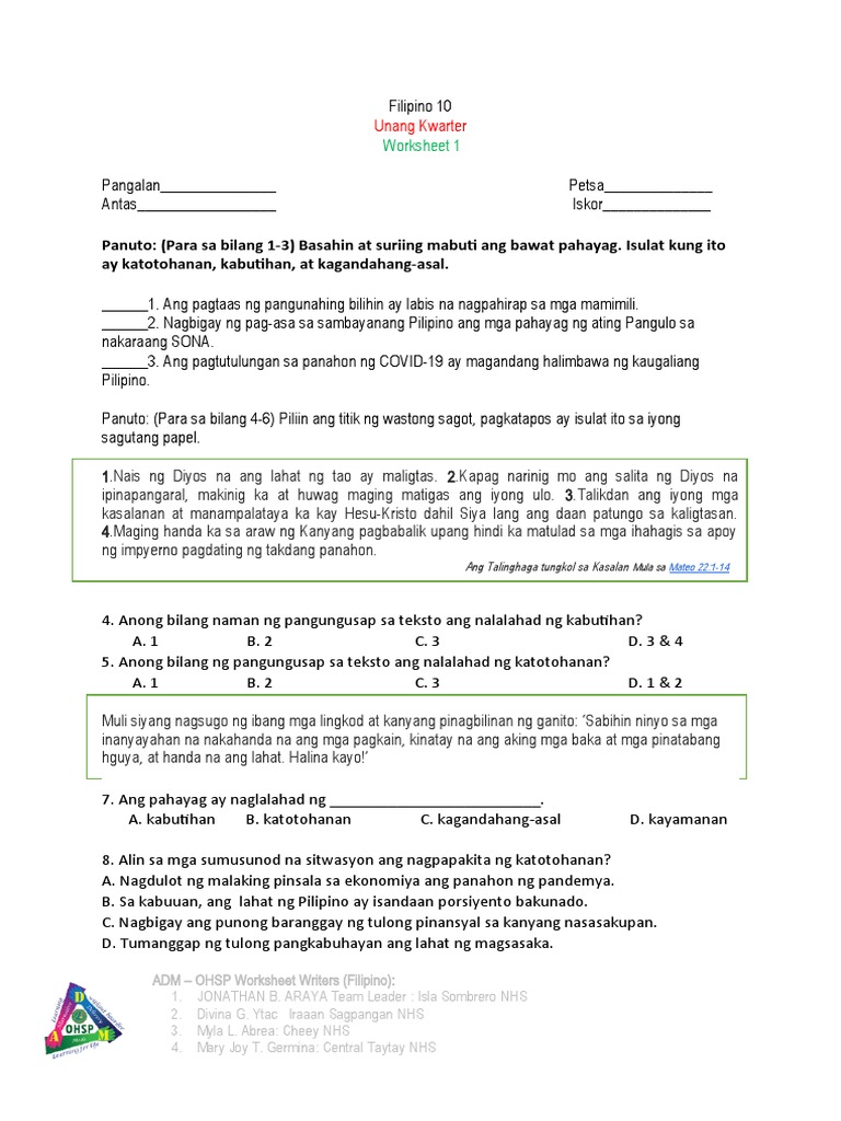 Worksheet Sa Filipino 10 | PDF