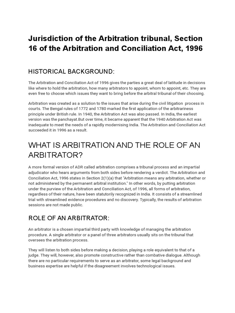 Jurisdiction of The Arbitration Tribunal, Section 16 of The Arbitration and Conciliation Act ...