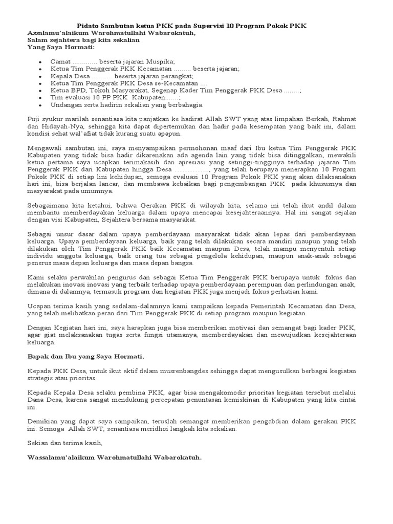 Pidato Sambutan Ketua PKK Pada Supervisi 10 Program Pokok PKK | PDF ...