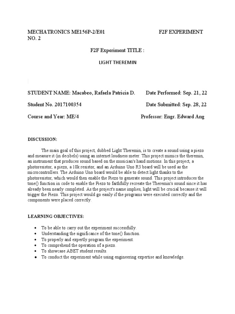 Light Theremin Sound Experiment | PDF | Arduino | Engineering