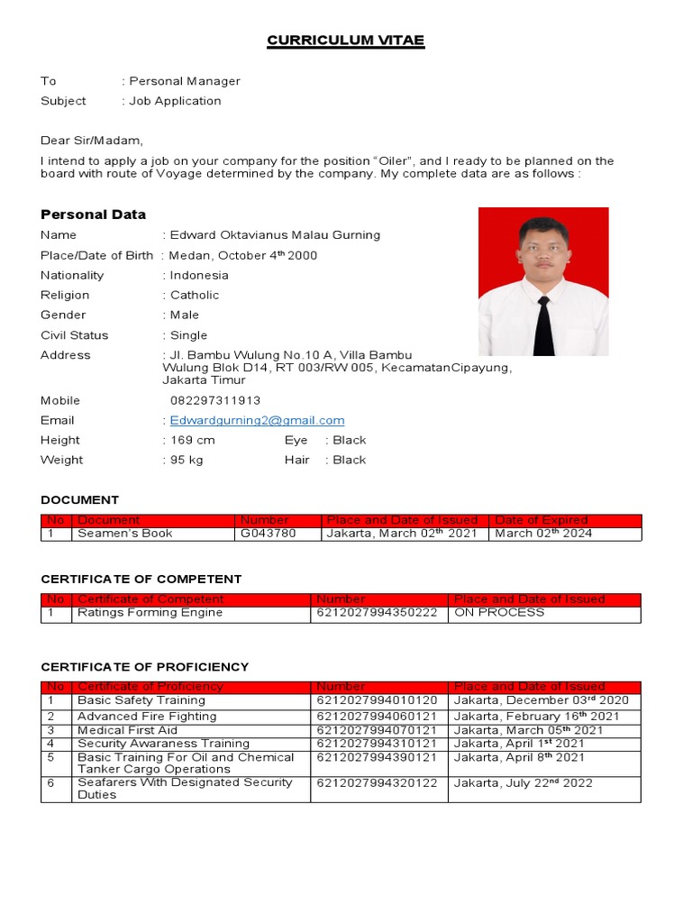 CV Edward Gurning | PDF | Oil Tanker | Transport