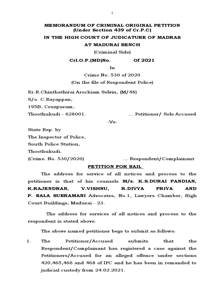 Chinthathirai Arockiam Bail Petition | PDF | Bail | Misconduct