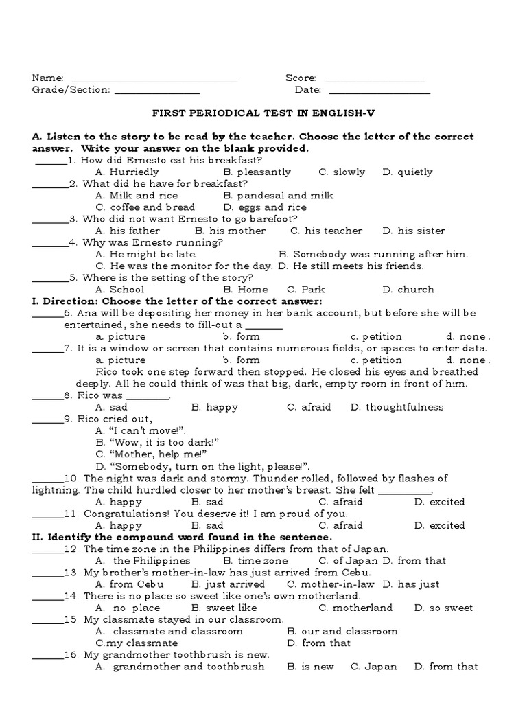 1st Periodic Test English 5 | PDF | Linguistics | Grammar