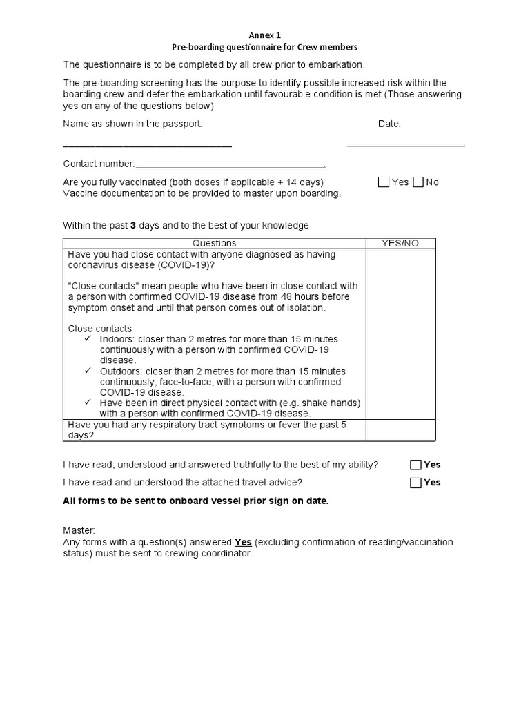 Annex A Pre Boarding Questionnaire Crew 11.05.2022 | PDF | Hygiene ...