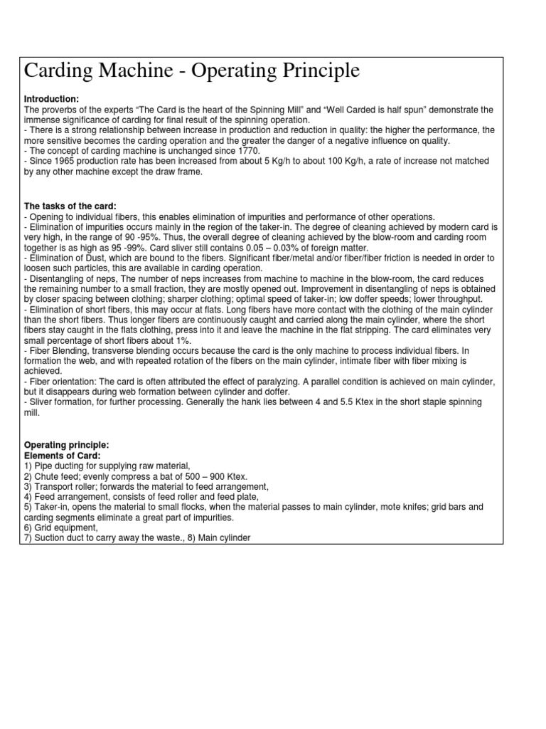 Carding Machine - Operating Principle | PDF | Control Theory | Clothing