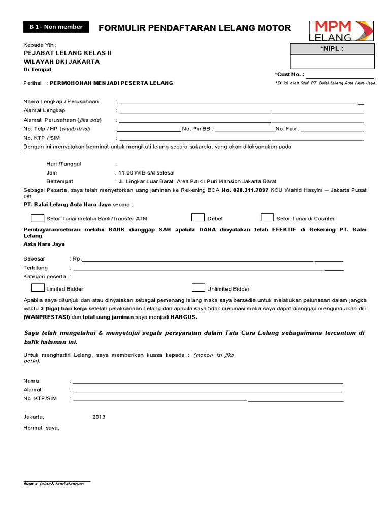 Pdfslide - Tips Form Pendaftaran Lelang Motor | PDF