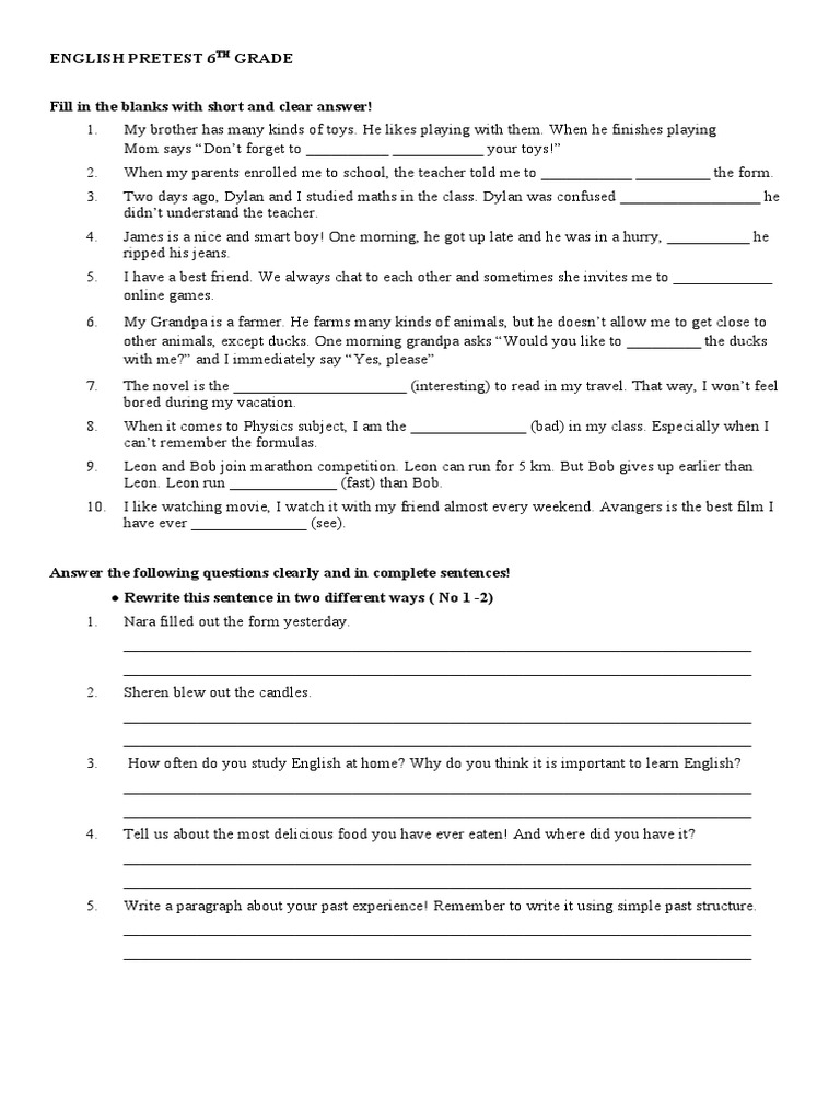 English Pretest 6th Grade | PDF