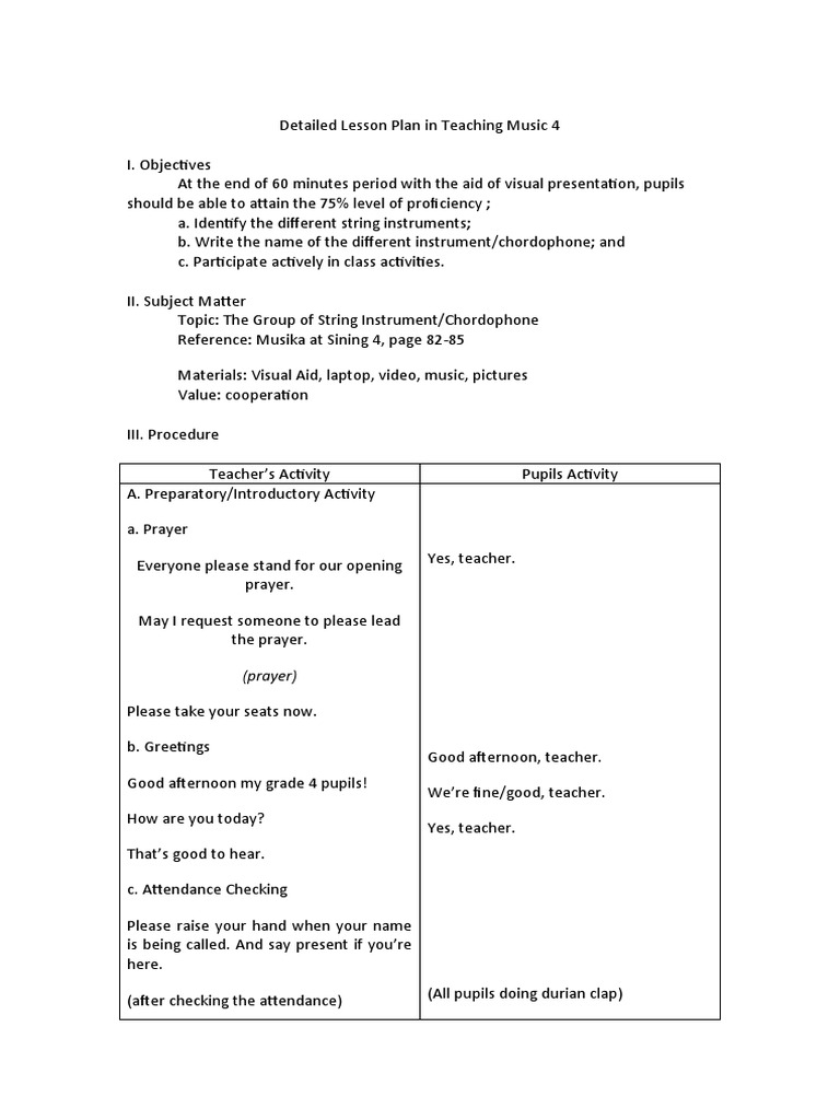 Detaliled Lesson Plan in Teaching Music 4 | PDF | String Instruments ...