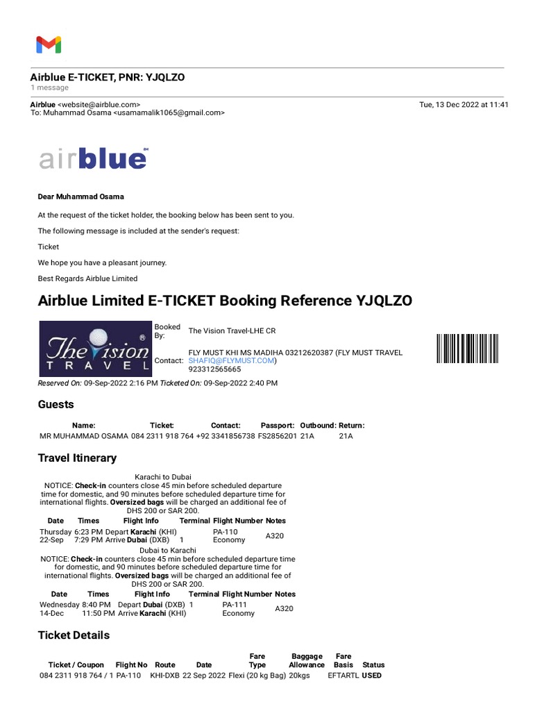 Gmail - Airblue E-Ticket, PNR - Yjqlzo | PDF | Civil Aviation | Airlines