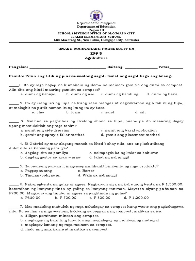 Epp 5 Quarterly Exam | PDF