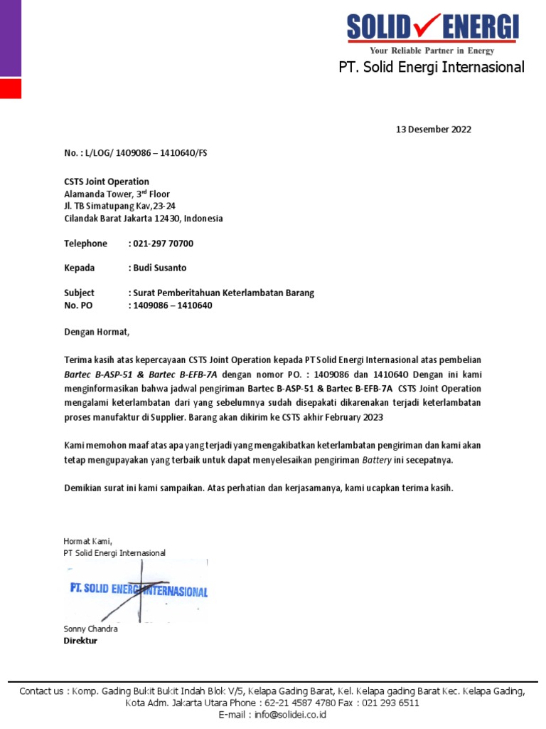 Surat Keterlabatan Pengiriman CSTS 1409086 - 1410640 | PDF