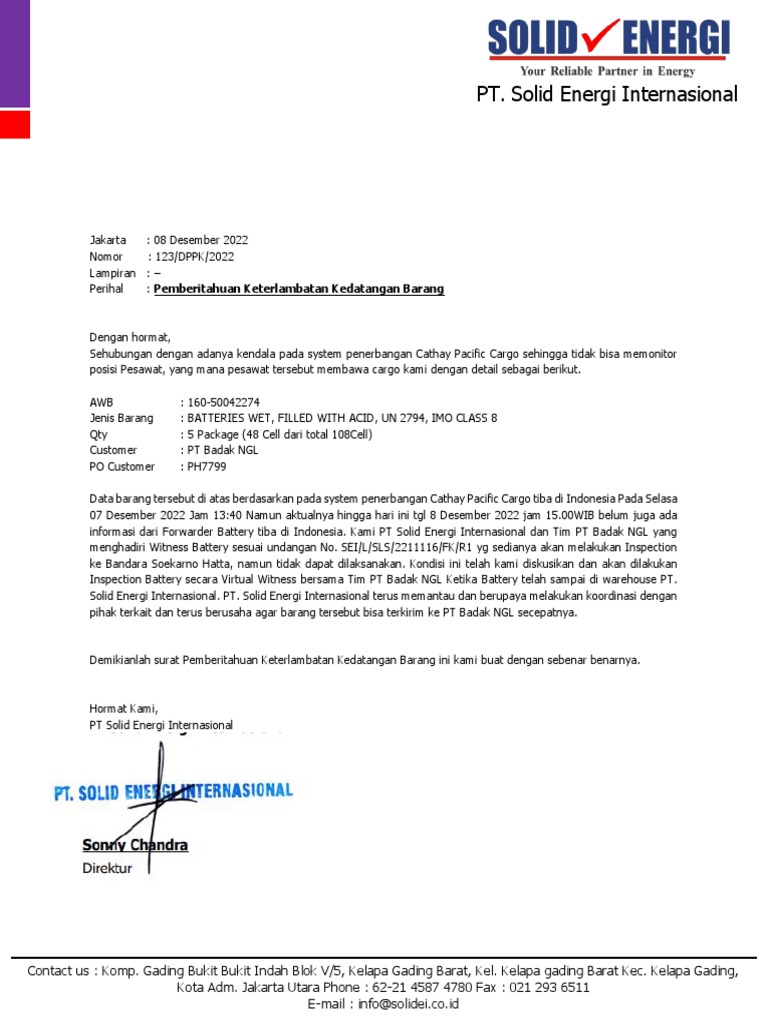 Surat Pemberitahuan Keterlambatan Kedatangan Barang - Badak | PDF | Teknologi & Rekayasa