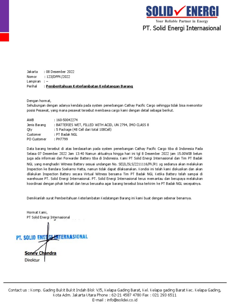 Surat Pemberitahuan Keterlambatan Kedatangan Barang - Badak PDF | PDF