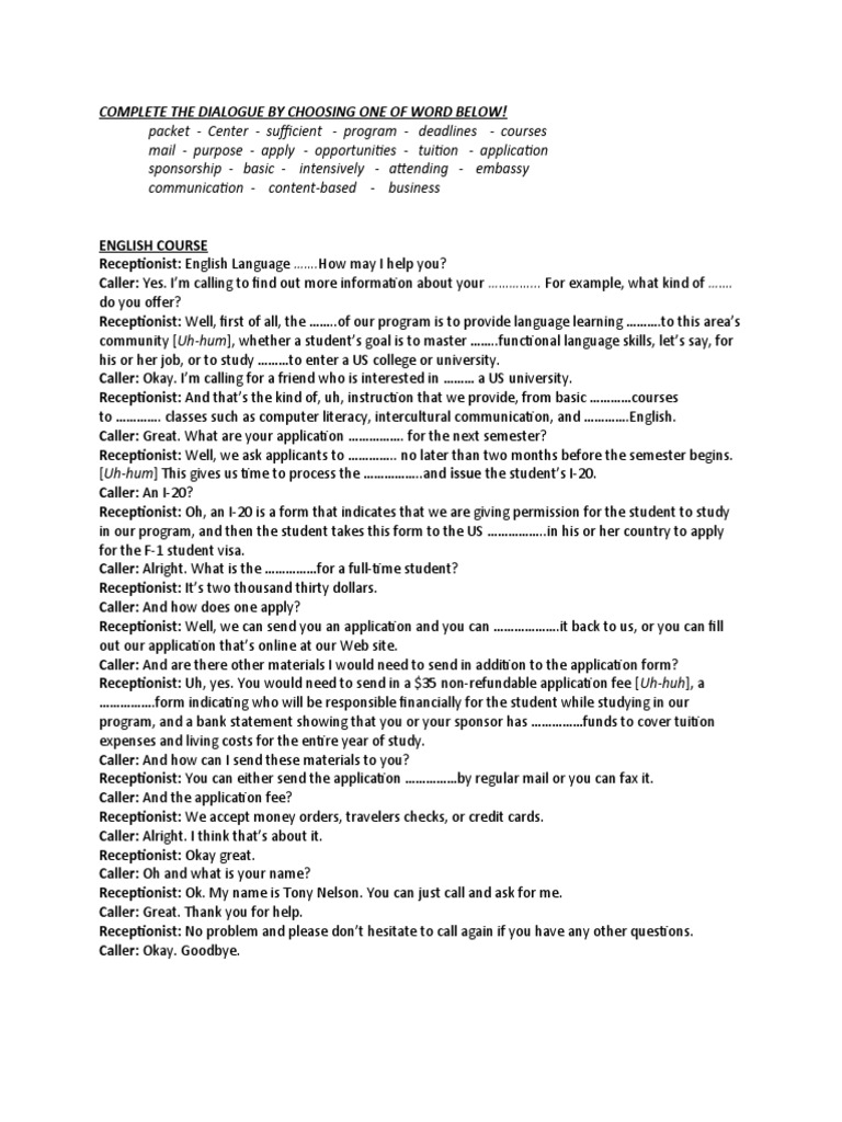Applying for an English Language Program: A Phone Conversation Between a Receptionist and ...