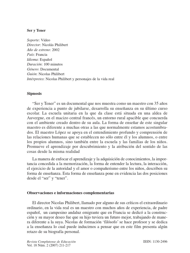 Ser y Tener-Sinopsis | PDF | Lectura (proceso) | Documental