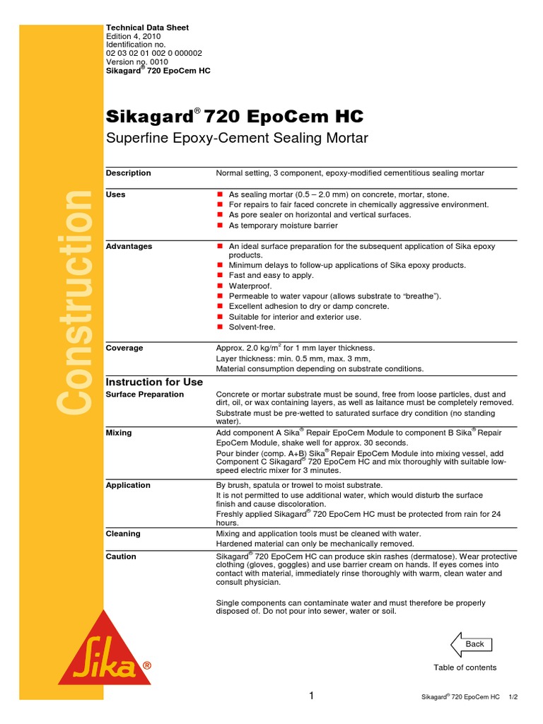 Sikagard 720 Epocem ID | PDF | Concrete | Epoxy
