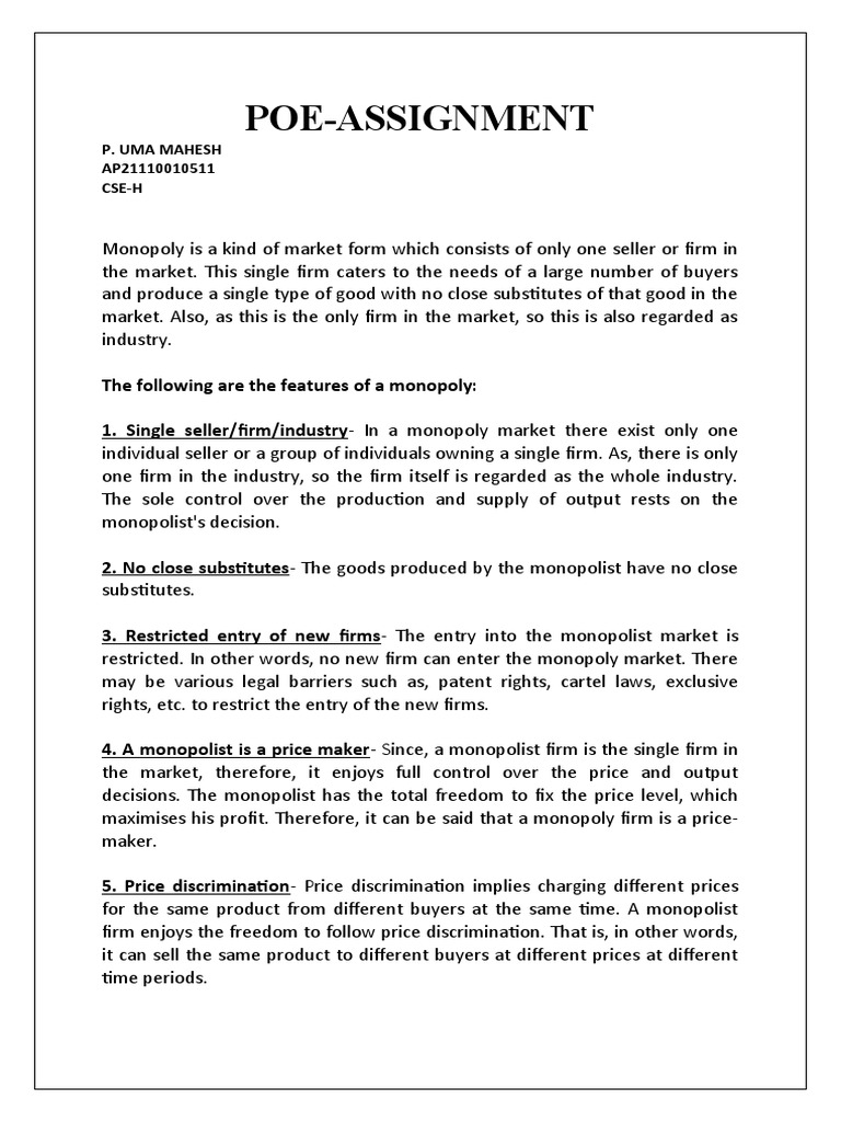 POE Assignment AP21110010511 Uma Mahesh | PDF | Monopoly | Profit (Economics)