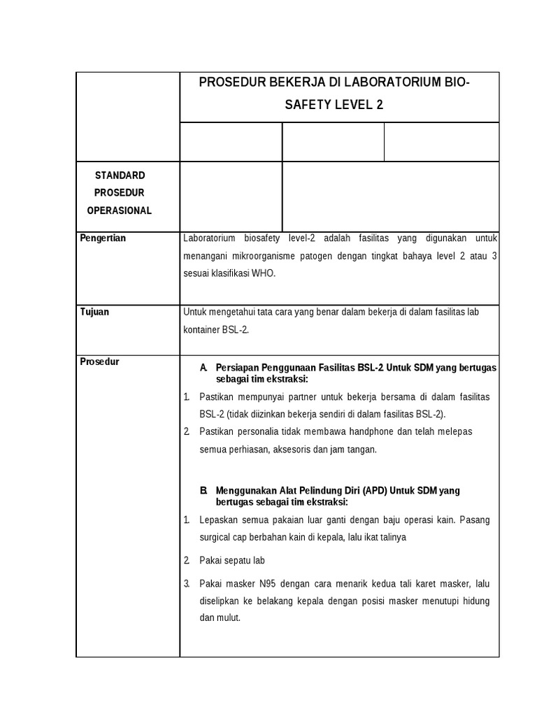 Prosedur Bekerja Di Laboratorium BSL 2 | PDF | Kesehatan Holistik