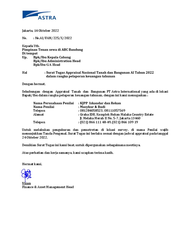 Surat Tugas Appraisal PPE AI 2022 - Tenan Sewa ABC Bandung | PDF
