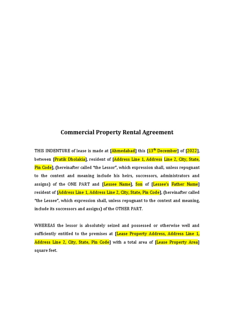 Commercial Property Rental Agreement Format | PDF | Lease | Common Law