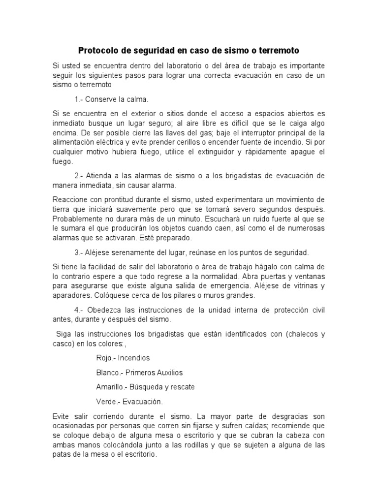 Protocolo de Seguridad en Caso de Sismo o Terremoto | PDF | Temblores