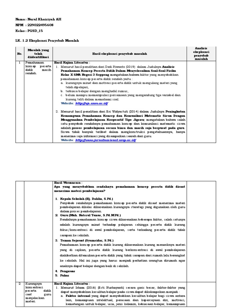 LK. 1.2 Eksplorasi Penyebab Masalah (Wawancara) | PDF