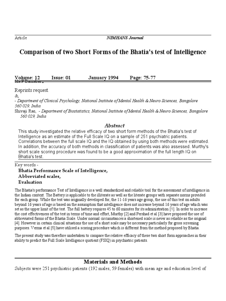Bhatia Test Short Forms Comparison | PDF | Intelligence Quotient ...