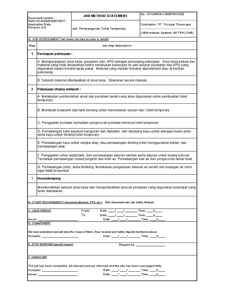 Job Method Statement - Pembangunan Tempoary Toilet | PDF