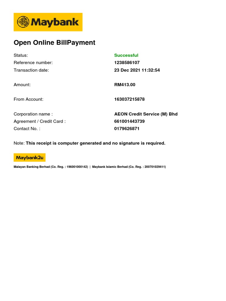 Successful Online Payment of RM413 to AEON Credit Service from Maybank ...