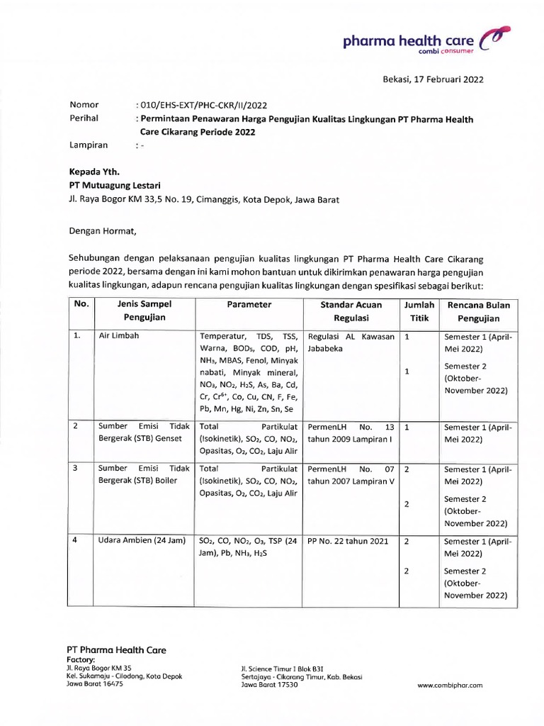 Permintaan Penawaran Harga Uji Lingkungan PHC Cikarang 2022 | PDF